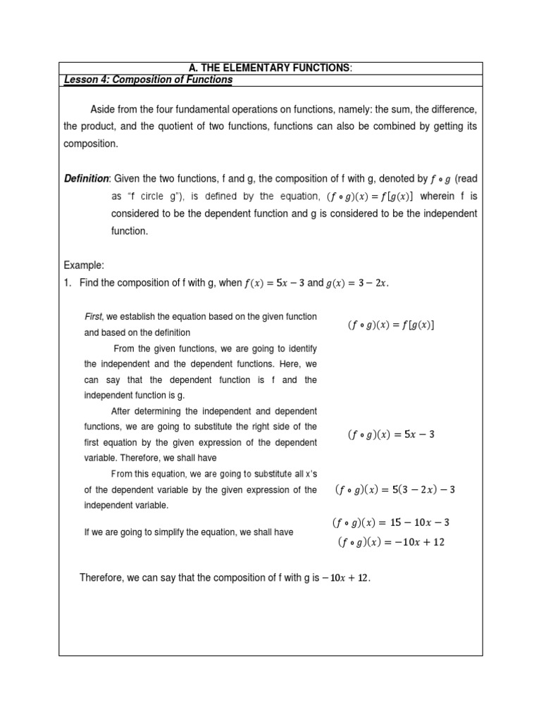Lesson 4 COMPOSITION OF FUNCTIONS | PDF | Function (Mathematics) | Equations