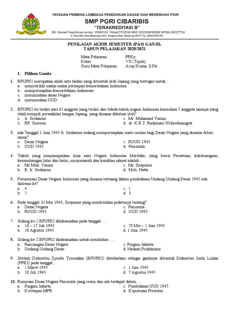 Soal PAS PPKN Kelas 7 | PDF