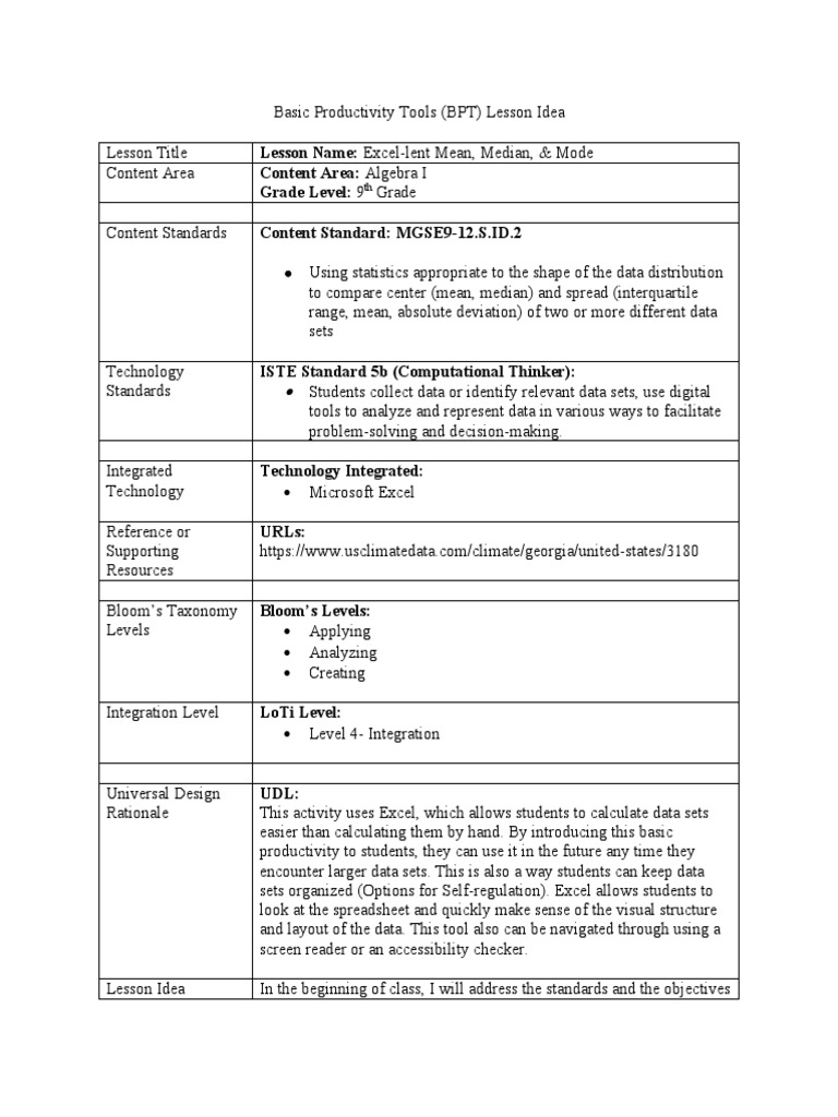 Basic Productivity Tools Lesson Idea - Braden Poteete | PDF | Microsoft Excel | Median