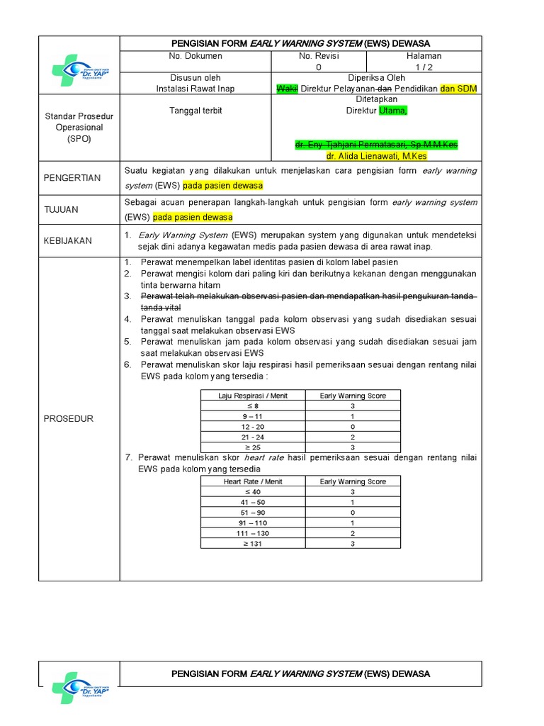 Panduan Pengisian Form EWS Dewasa | PDF