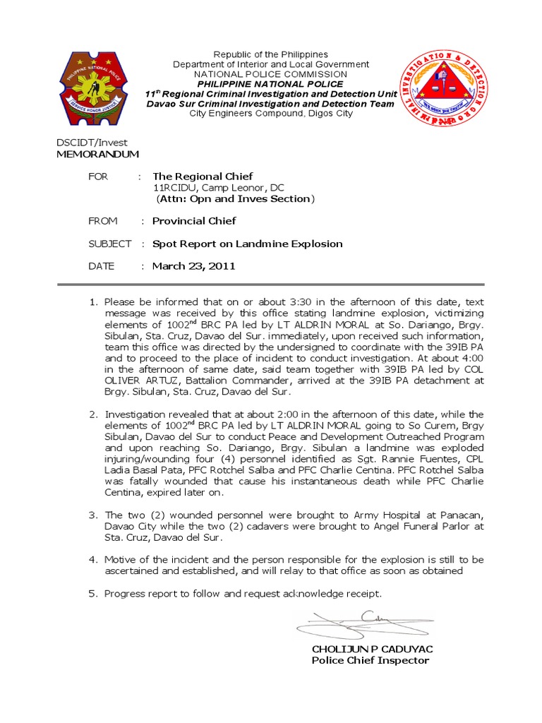 Spot Report Landmine Explosion | PDF | Man Made Disasters | National ...