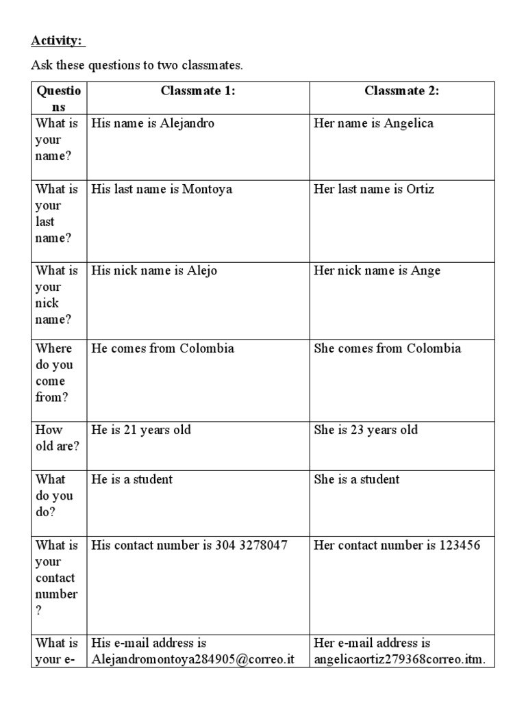 Interview Your Classmates | PDF Interview Your Classmates | PDF