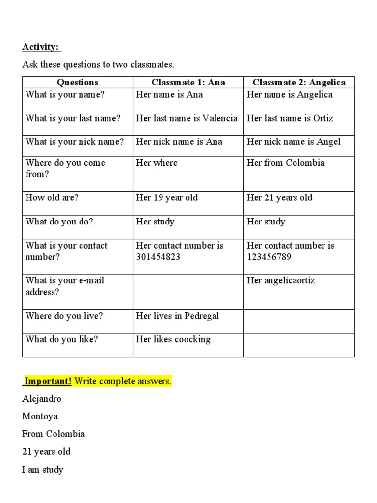 Classmate Interview Activity Worksheet | PDF