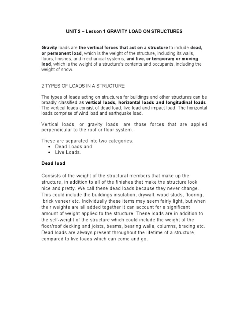 Unit 2 Lesson 1 Gravity Loads On Structures | PDF | Structural Load | Wall