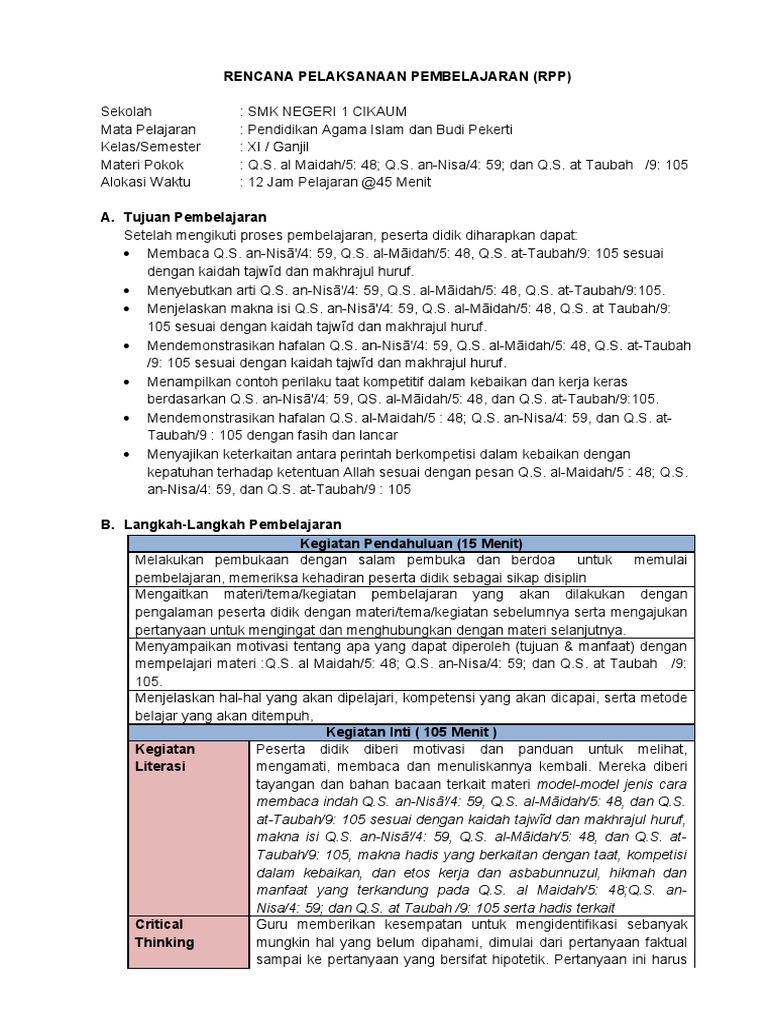 RPP QS. Al-Maidah 48, QS. An-Nisa 57 Dan QS. At-Taubah 105 | PDF