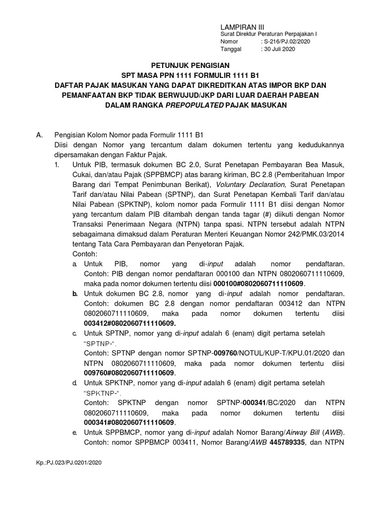 Petunjuk Pengisian SPT Masa PPN 1111 Formulir 1111 B1 | PDF