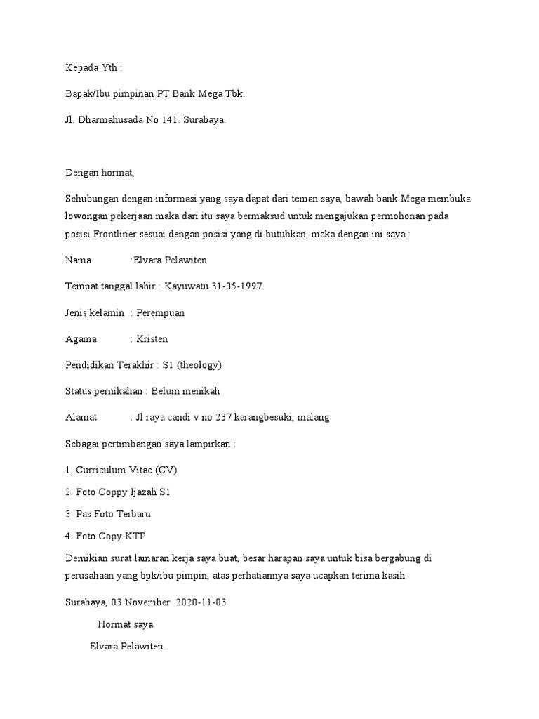 Lamaran Pekerjaan Frontliner Bank Mega | PDF