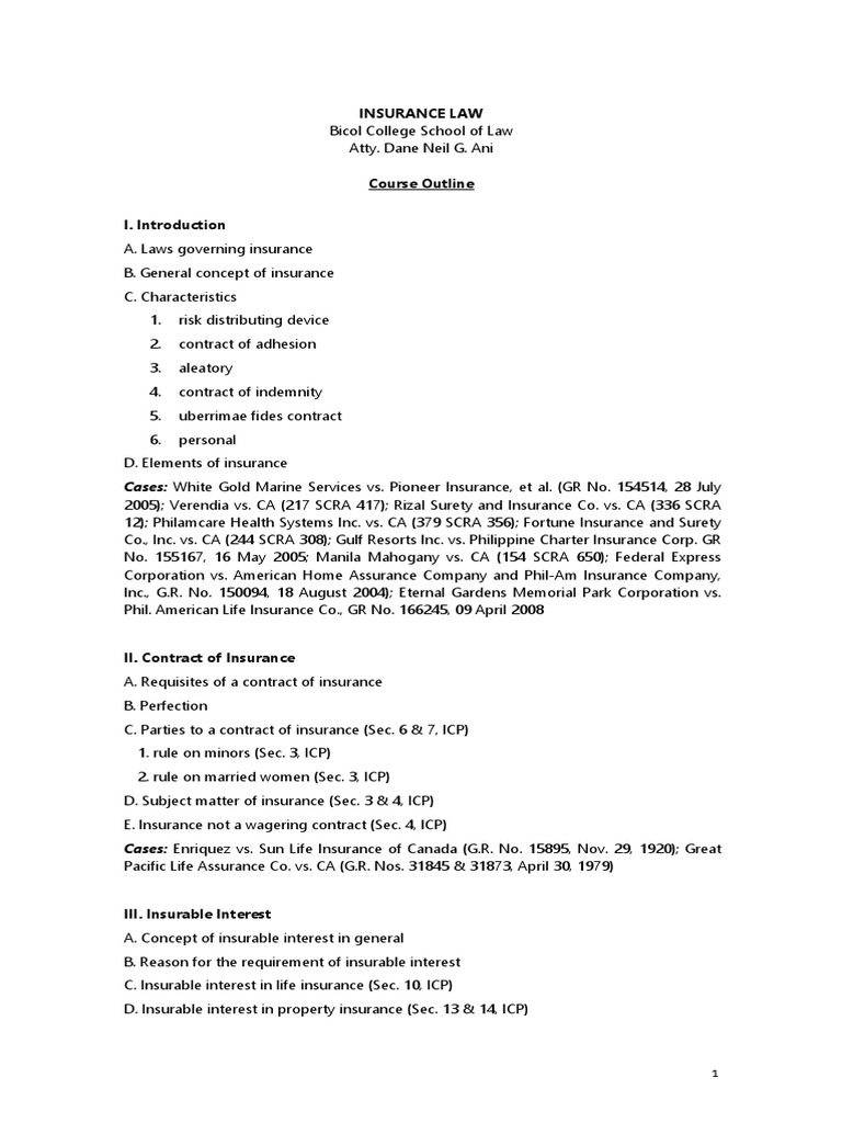 Course Outline in Insurance | PDF | Insurance | Liability Insurance