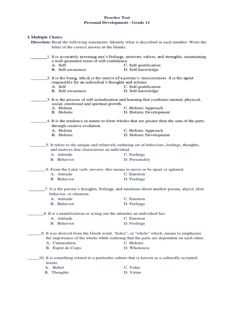 Personal Development (Practice Test) | PDF | Adolescence | Psychology