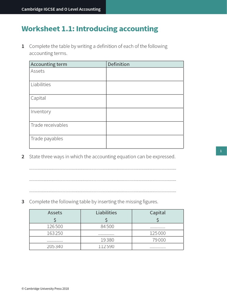 Worksheet 1.1 Introducing Accounting | PDF | Balance Sheet | Business ...