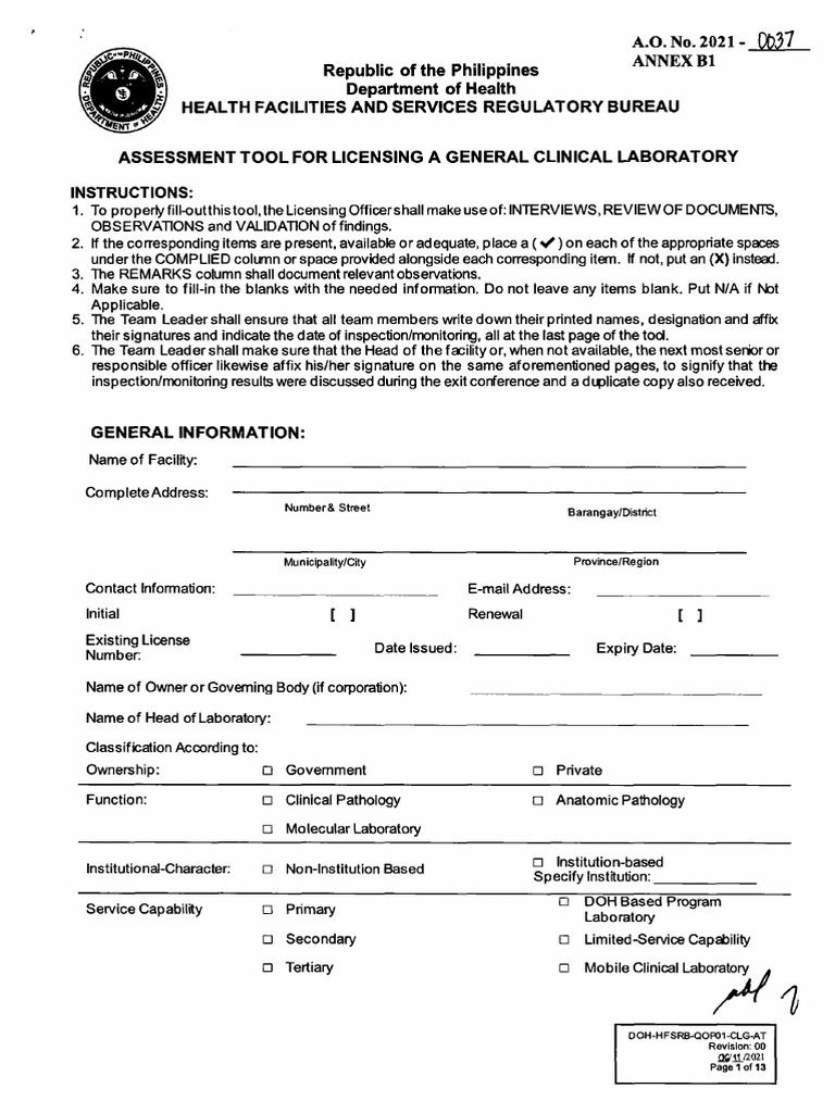 Assessment Tool For Licensing A General Clinical Lab New Ao | PDF ...