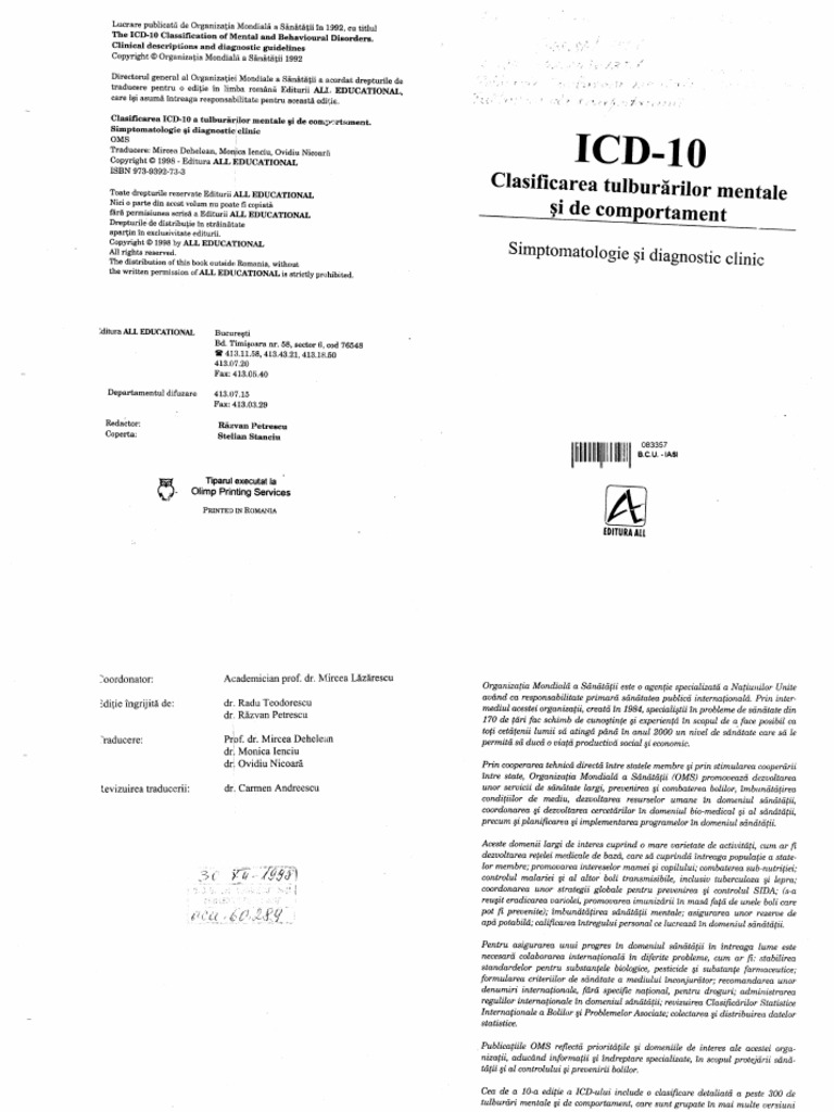 ICD-10, Clasificarea Tulburarilor Mentale Si de Comportament | PDF
