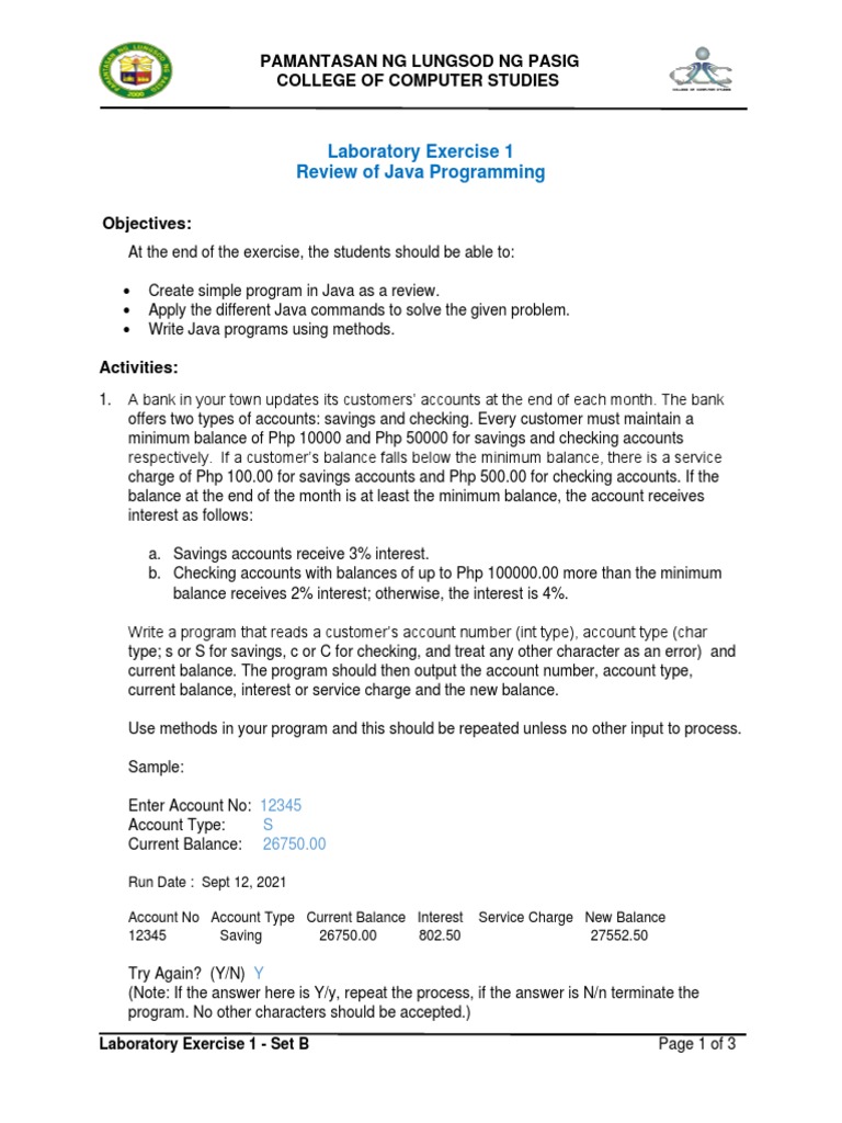 01 - Lab Exercise 1 - Review Java - Set B - 2 | Download Free PDF | Php ...