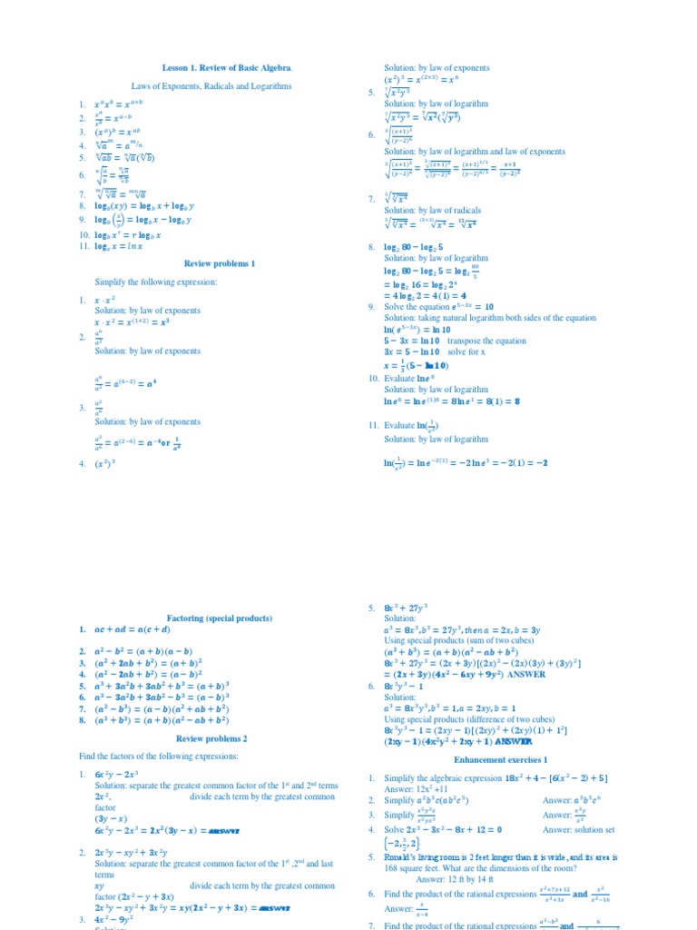 Lesson 1. Review of Basic Algebra | PDF | Logarithm | Quadratic Equation