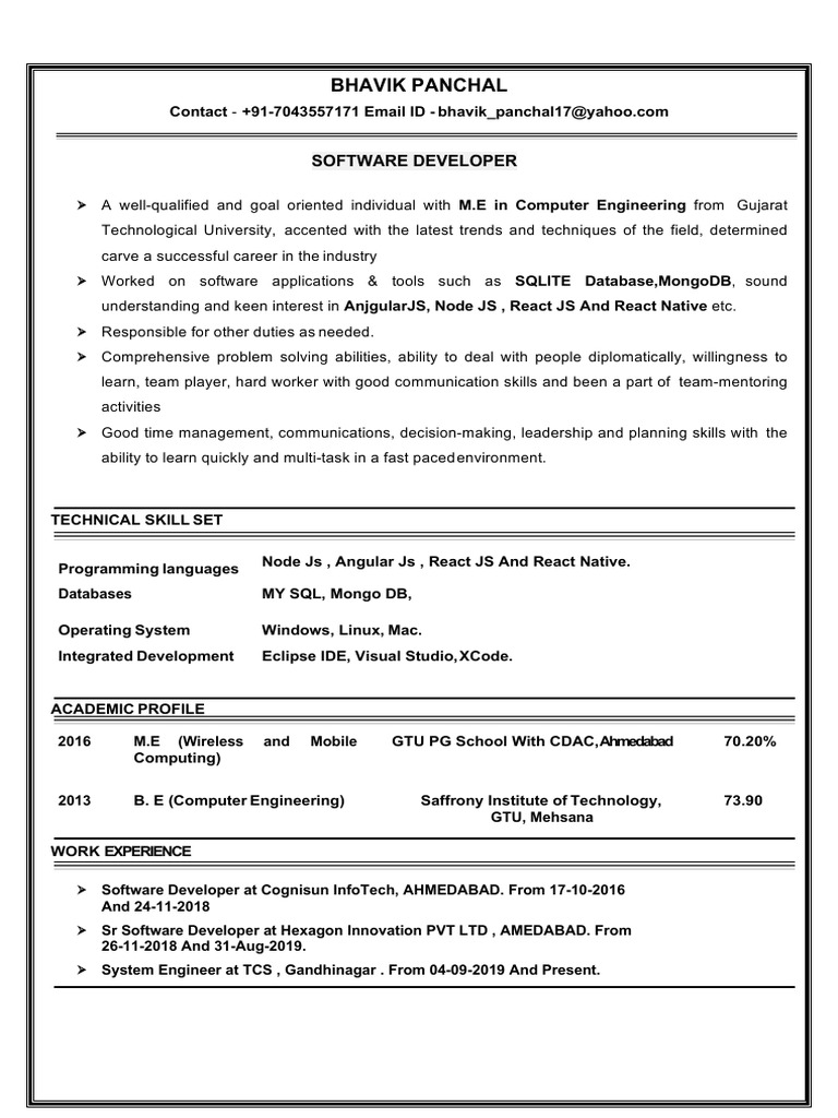 Software Developer Bhavik Panchal Resume | PDF | Software | Angular Js