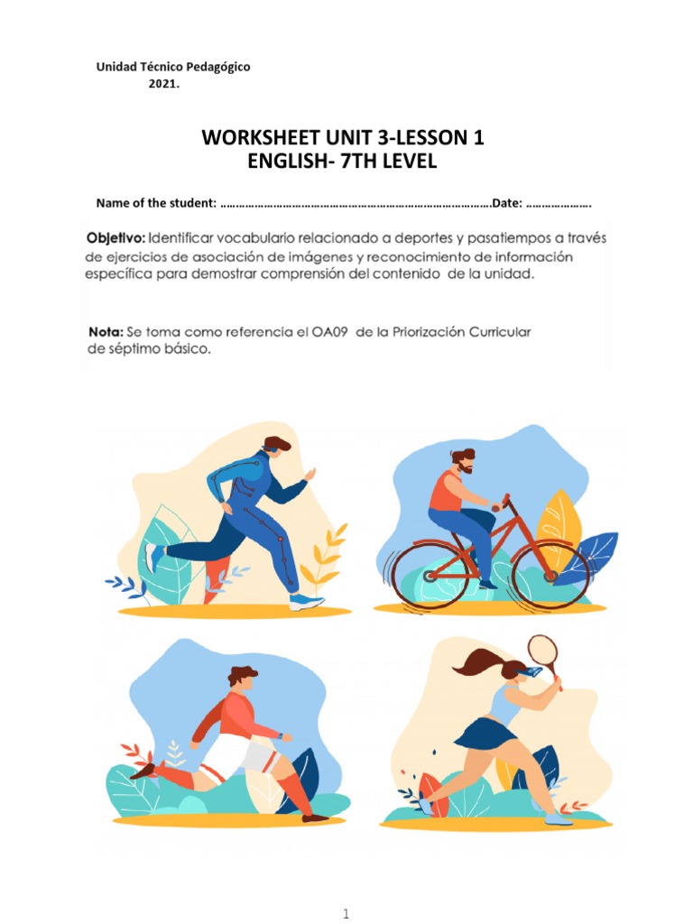 Worksheet Unit 3-Lesson 1 English-7Th Level: Name of The Student: Date ...