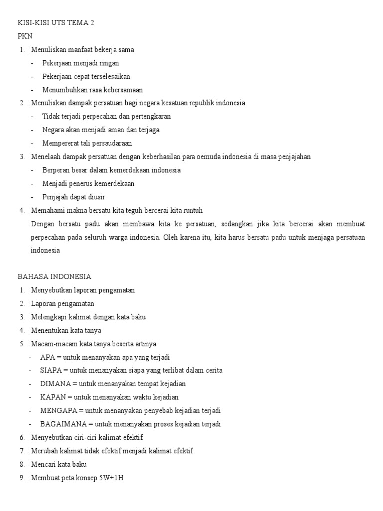 Kisi-Kisi Tema 2 Uts Kelas 6 | PDF | Kajian Bahasa Asing