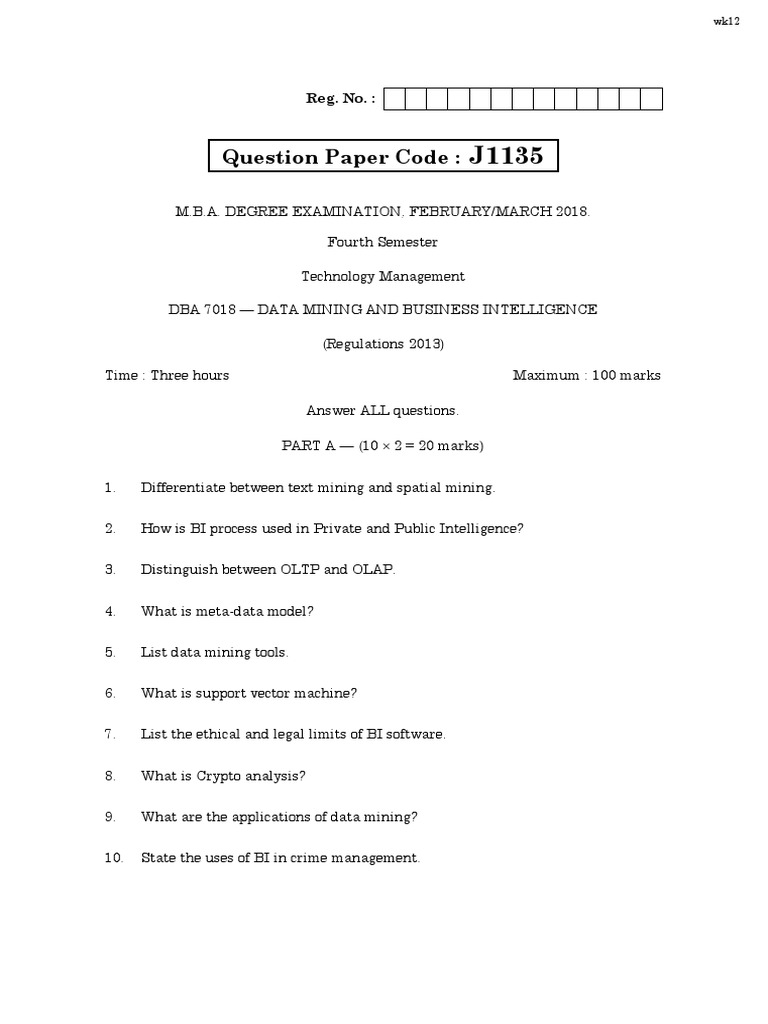 MBA Data Mining and Business Intelligence Question Paper | PDF ...