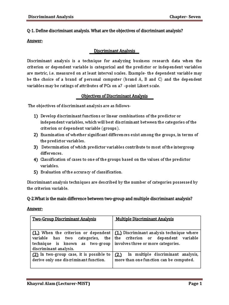 Discriminant Analysis Chapter-Seven | PDF | Dependent And Independent Variables | Statistics