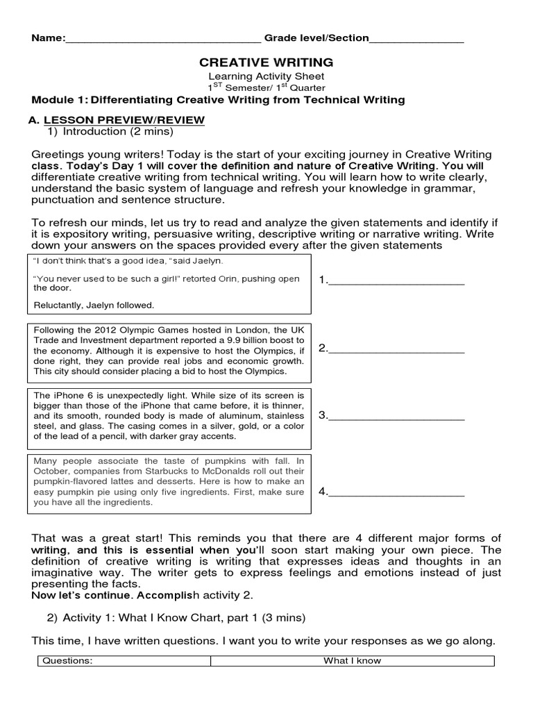Module 1 - Creative Writing | PDF | Cognition | Human Communication