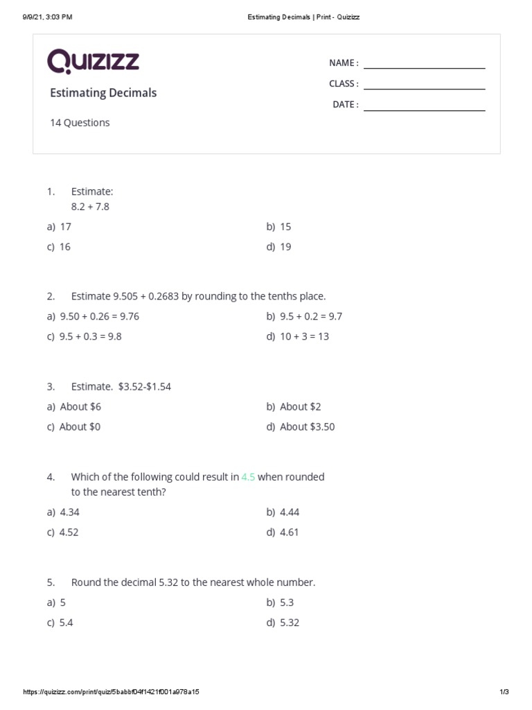 Estimating with Decimals: A Quiz on Rounding to Approximate Decimal ...