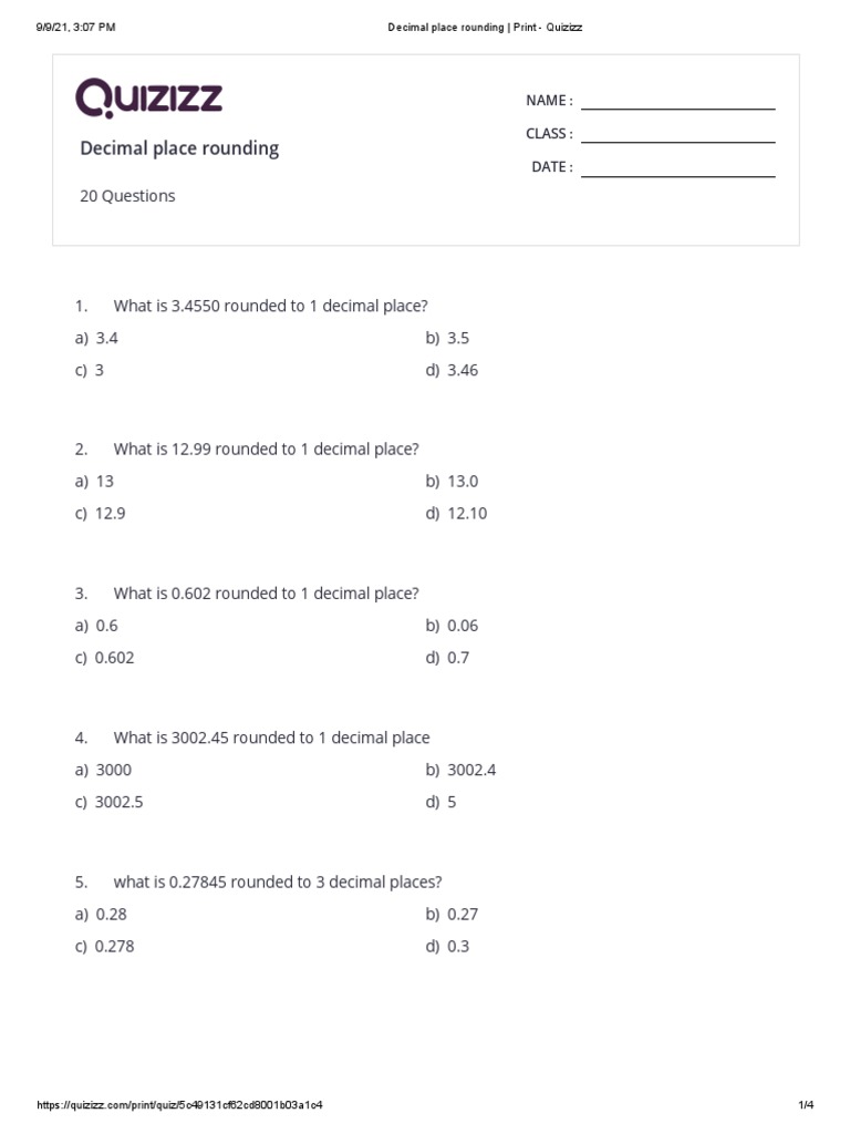 Decimal Rounding Quiz for Students | PDF | Arithmetic | Mathematics
