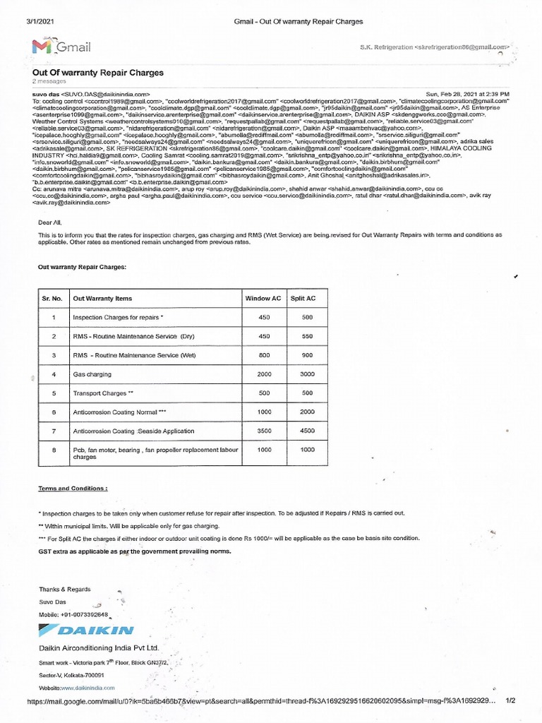 Daikin Rate Chart For Out of Warranty Call | PDF