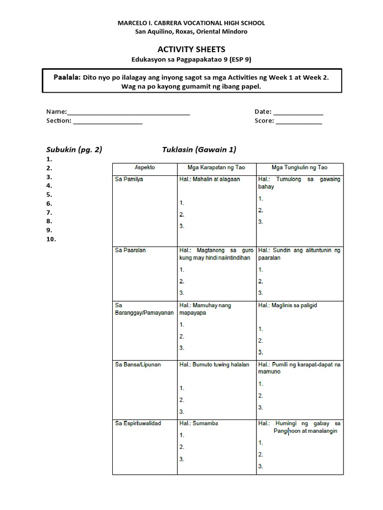 Answer Sheets For ESP 9 - Q2 (Week 1 and 2) | PDF