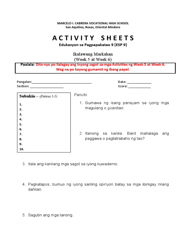 Answer Sheets For ESP 9 - Q2 (Week 5 and 6) | PDF