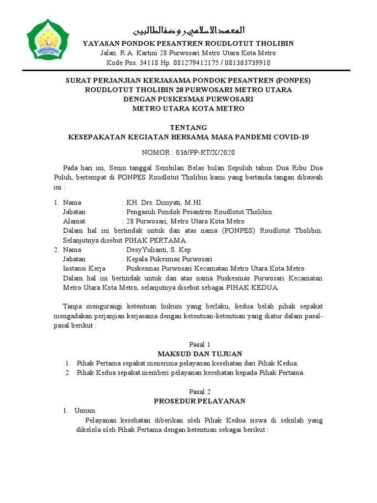 Surat Perjanjian Kerjasama Pondok Pesantren | PDF
