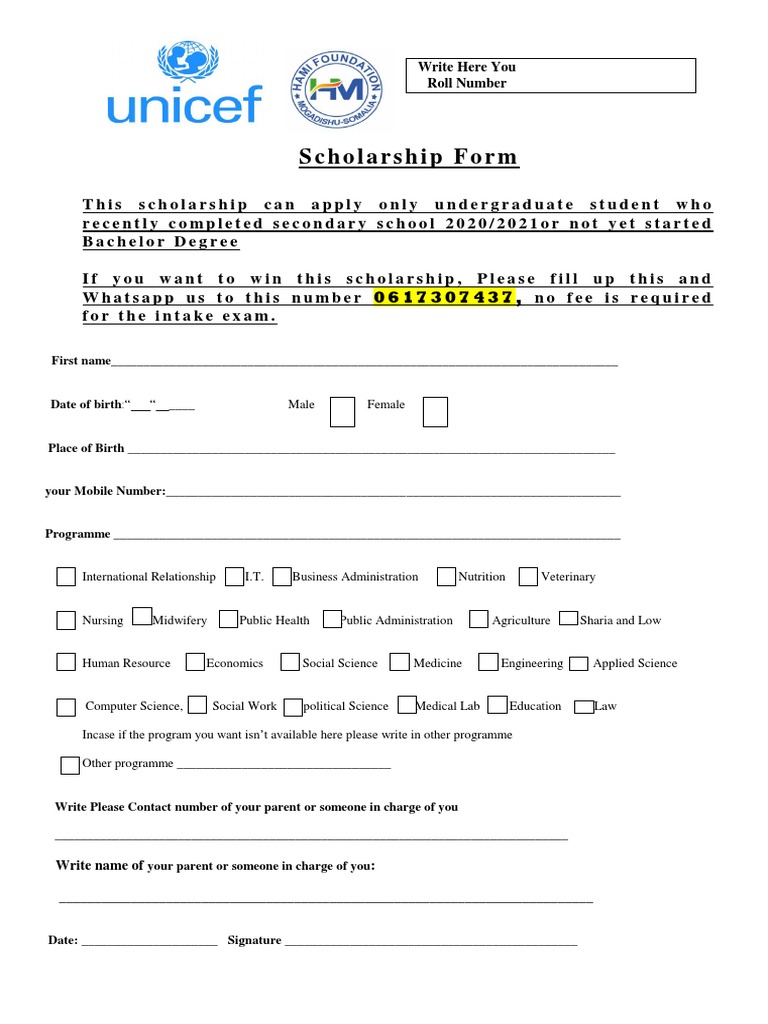 Scholarship Form: Write Here You Roll Number | PDF | Business