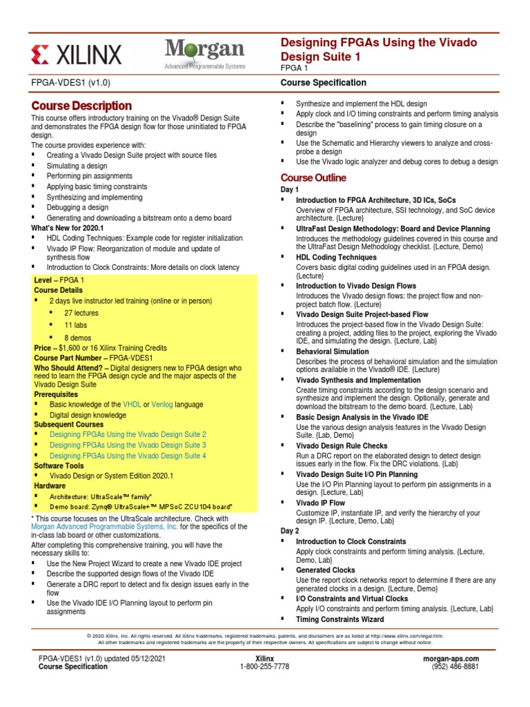 Course Description: Designing Fpgas Using The Vivado Design Suite 1 | PDF | Field Programmable ...