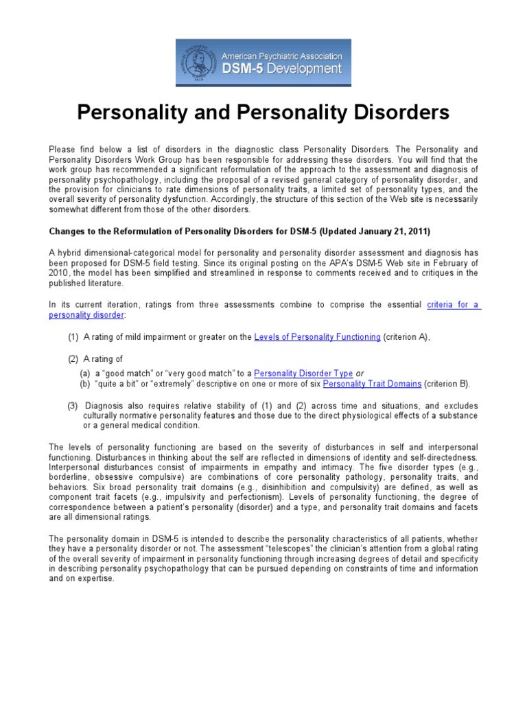 APA - (2011) DSM-5 Development. Personality and Personality Disorders ...