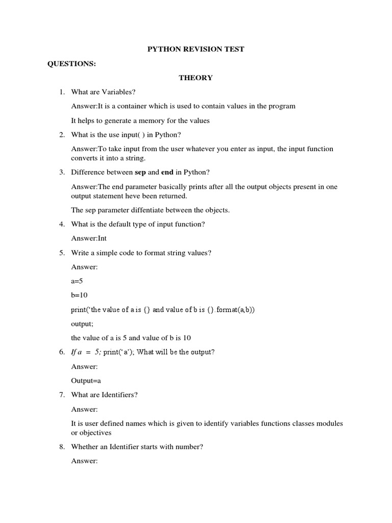 Vidya PYTHON REVISION TEST | PDF | Parameter (Computer Programming ...