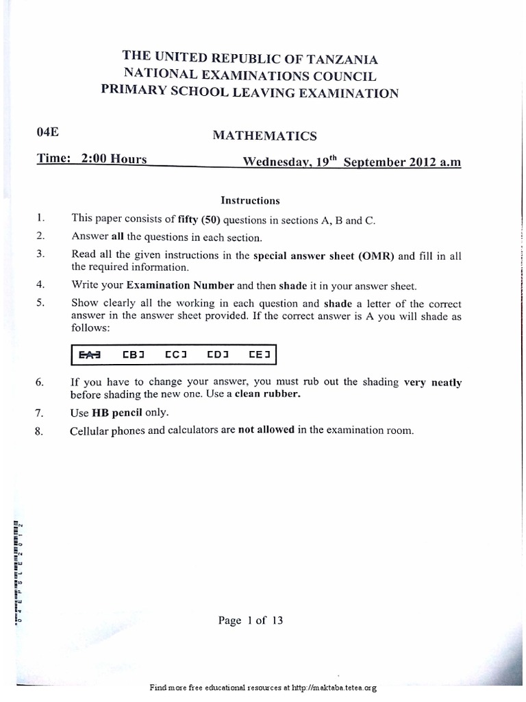 Mathematics - PSLE - 2012 | PDF