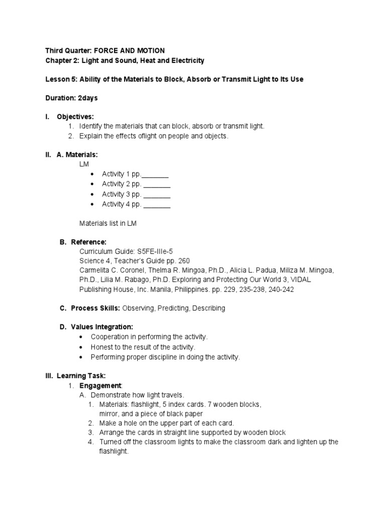 Light and Sound: Grade 5 Lessons | PDF | Light | Optics