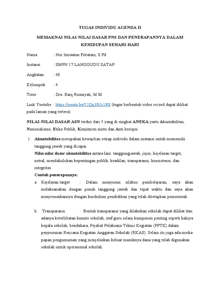 Tugas Individu Agenda Ii Nilai-Nilai Dasar Asn | PDF