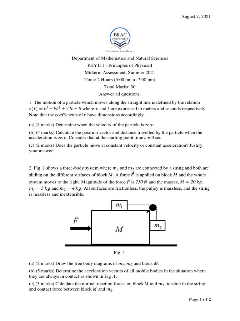 Physics Midterm Assessment Summer 2021 | PDF | Acceleration | Force