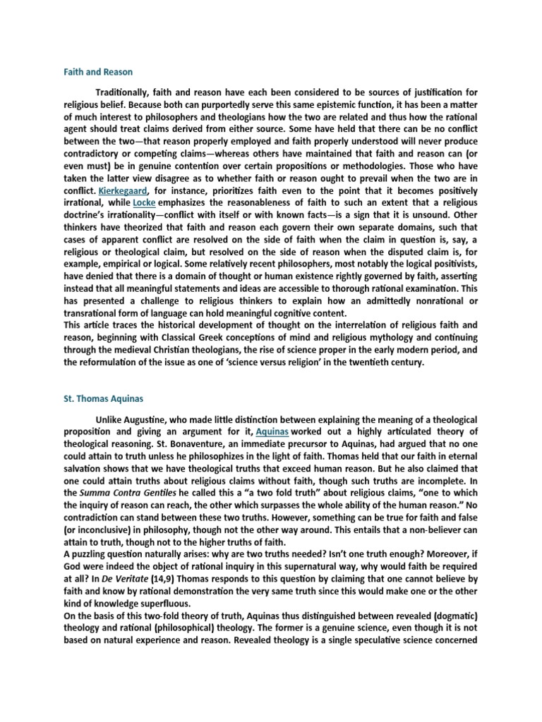 Aquinas' Sophisticated Theory of the Interrelation Between Faith and ...