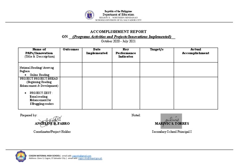 Accomplishment Report ON - (Programs Activities and Projects ...