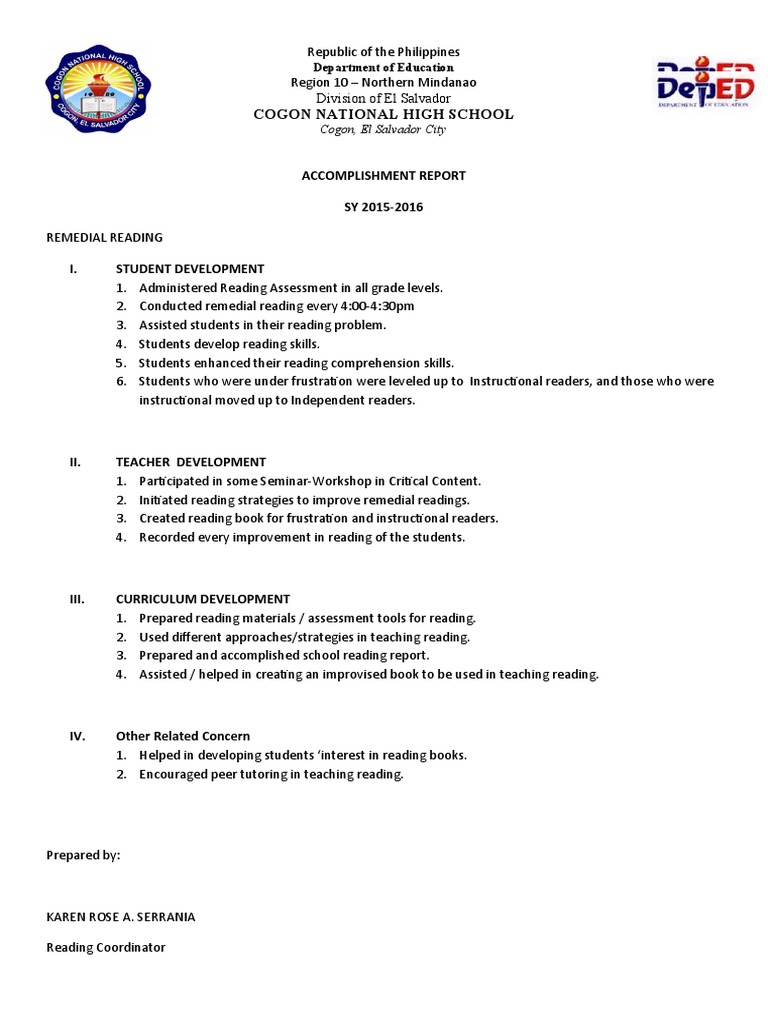 Remedial Reading Accomplishment Report | PDF | Reading Comprehension ...