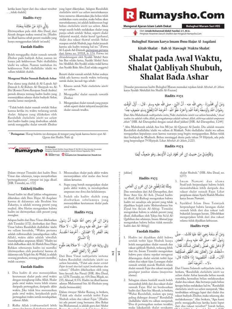 Bulughul Maram - Shalat #05, Shalat Setelah Ashar, Shalat Qabliyah Shubuh Hanya Dua Rakaat | PDF