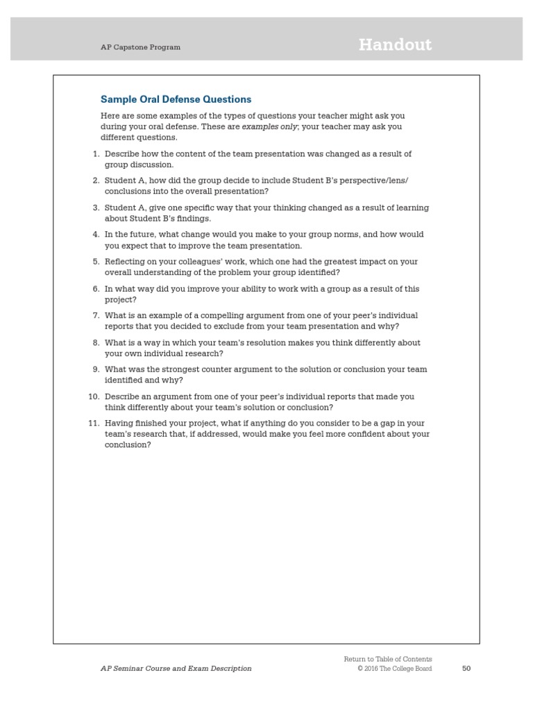 Handout: Sample Oral Defense Questions | PDF