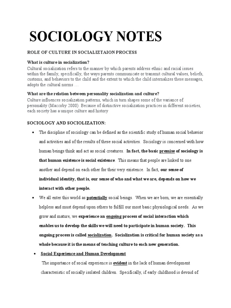 Sociology Notes: Role of Culture in Socializtaion Process What Is ...