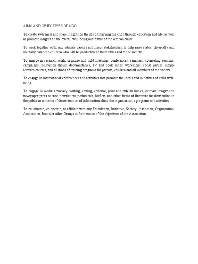 Aims and Objectives of the NGO | PDF