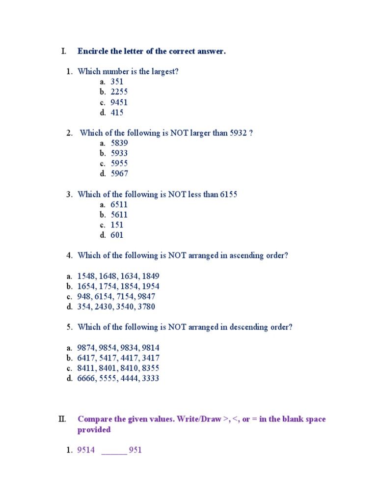 Number Comparison and Ordering Exercises | PDF