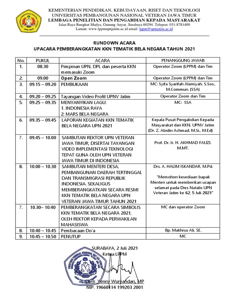 Rundown Pemberangkatan KKN Tematik Bela Negara | PDF