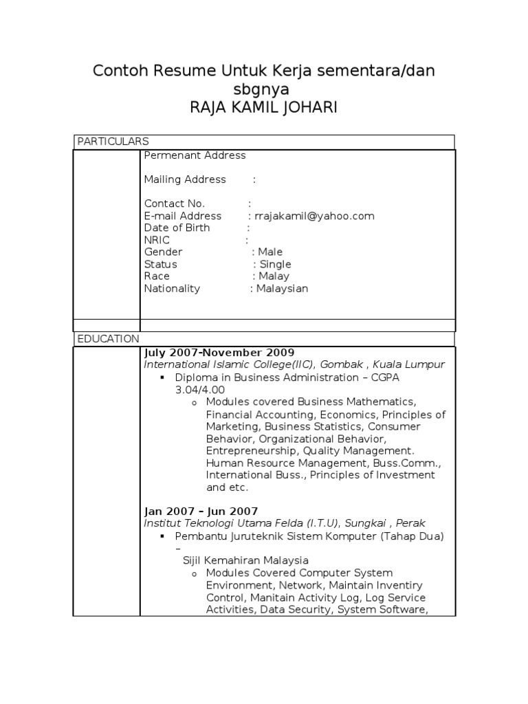Resume Template for Temporary Jobs | PDF | Business | Malaysia