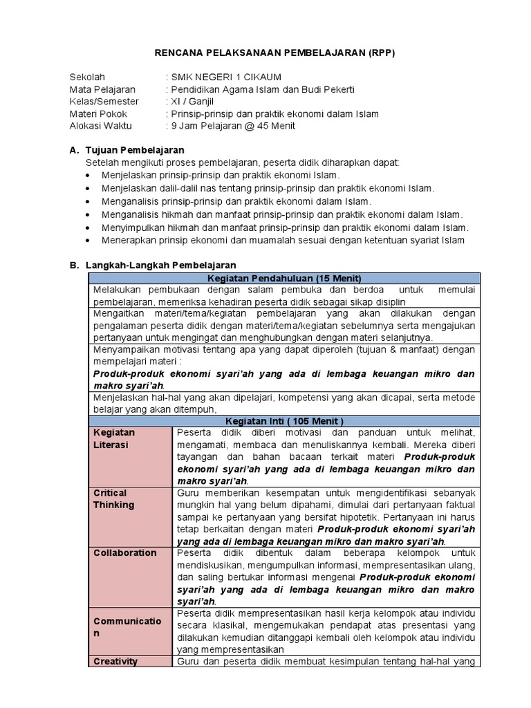 RPP Ekonomi Syariah Kelas XI SMK | PDF | Pengelolaan Keuangan & Uang