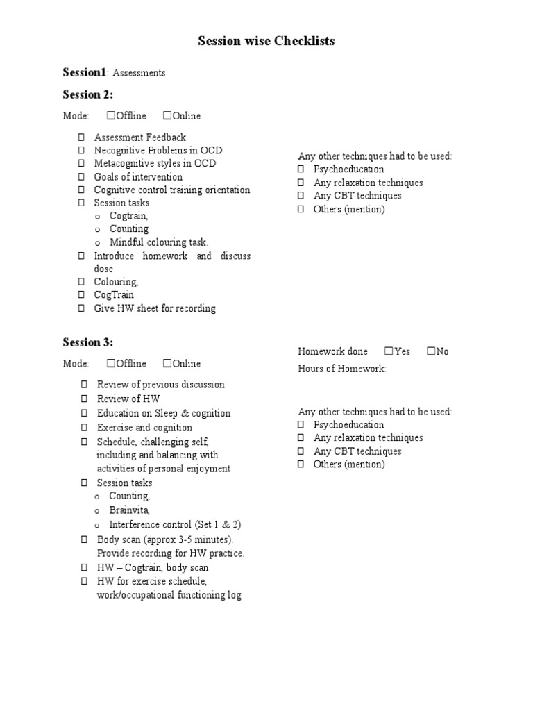 Session Wise Checklists | PDF | Cognitive Behavioral Therapy | Time Management